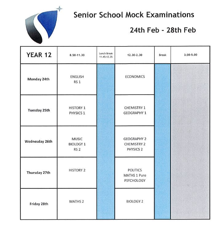 Mock exam timetable - Y12 - Newcastle School for Boys